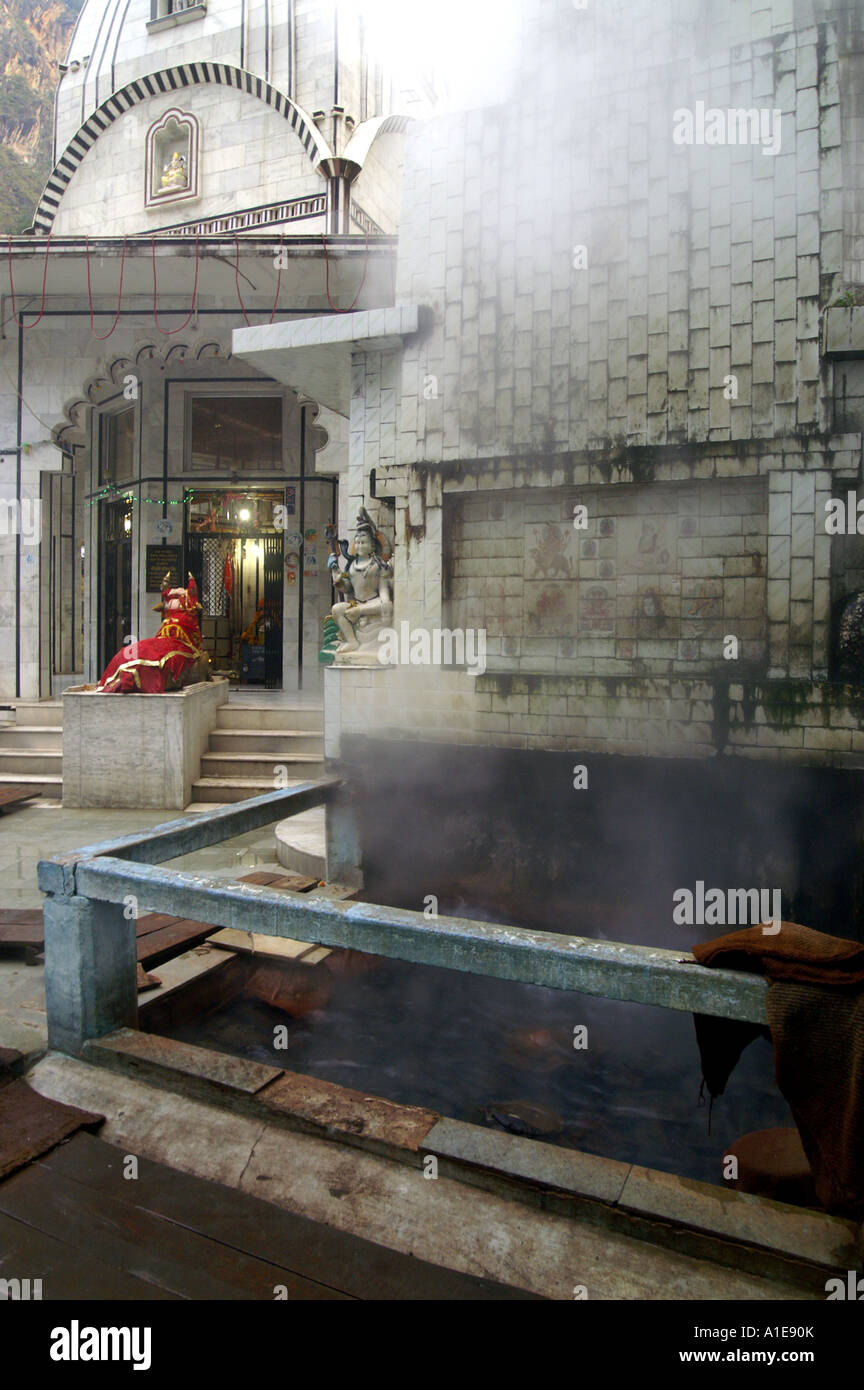 Boiling water pool in hot springs hindu temple of Manikaran, northern ...