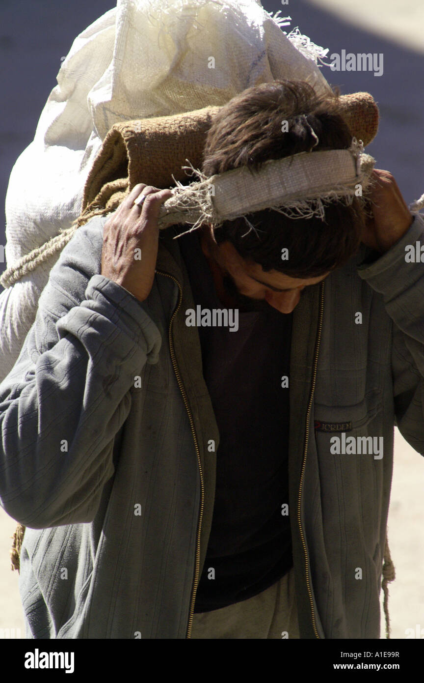 Indian man carrying heavy sack hanged tied on his head, hard working ...