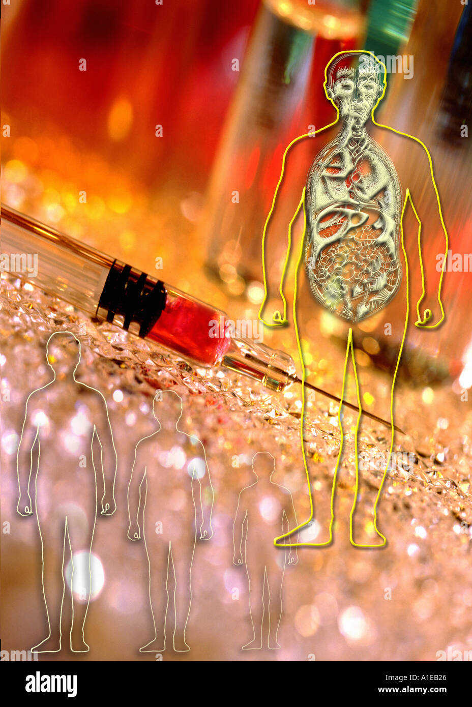Syringe and diagram of human body Stock Photo - Alamy