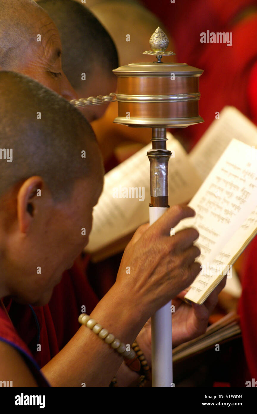 Monk in Namgyal monastery reading book and spinning personal hand ...