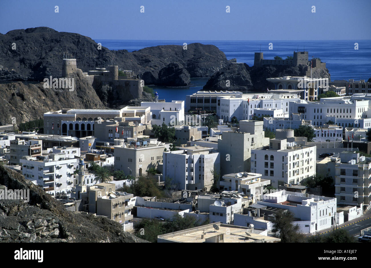 Muscat the capital of Oman with the Portuguese Forts, old town Stock ...