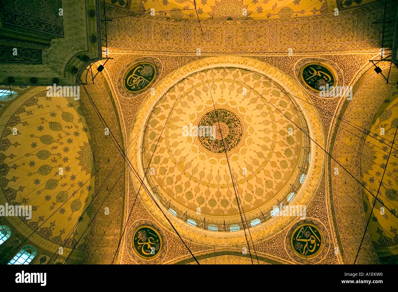 View looking at the richly decorated ceiling domes of the New Mosque ...