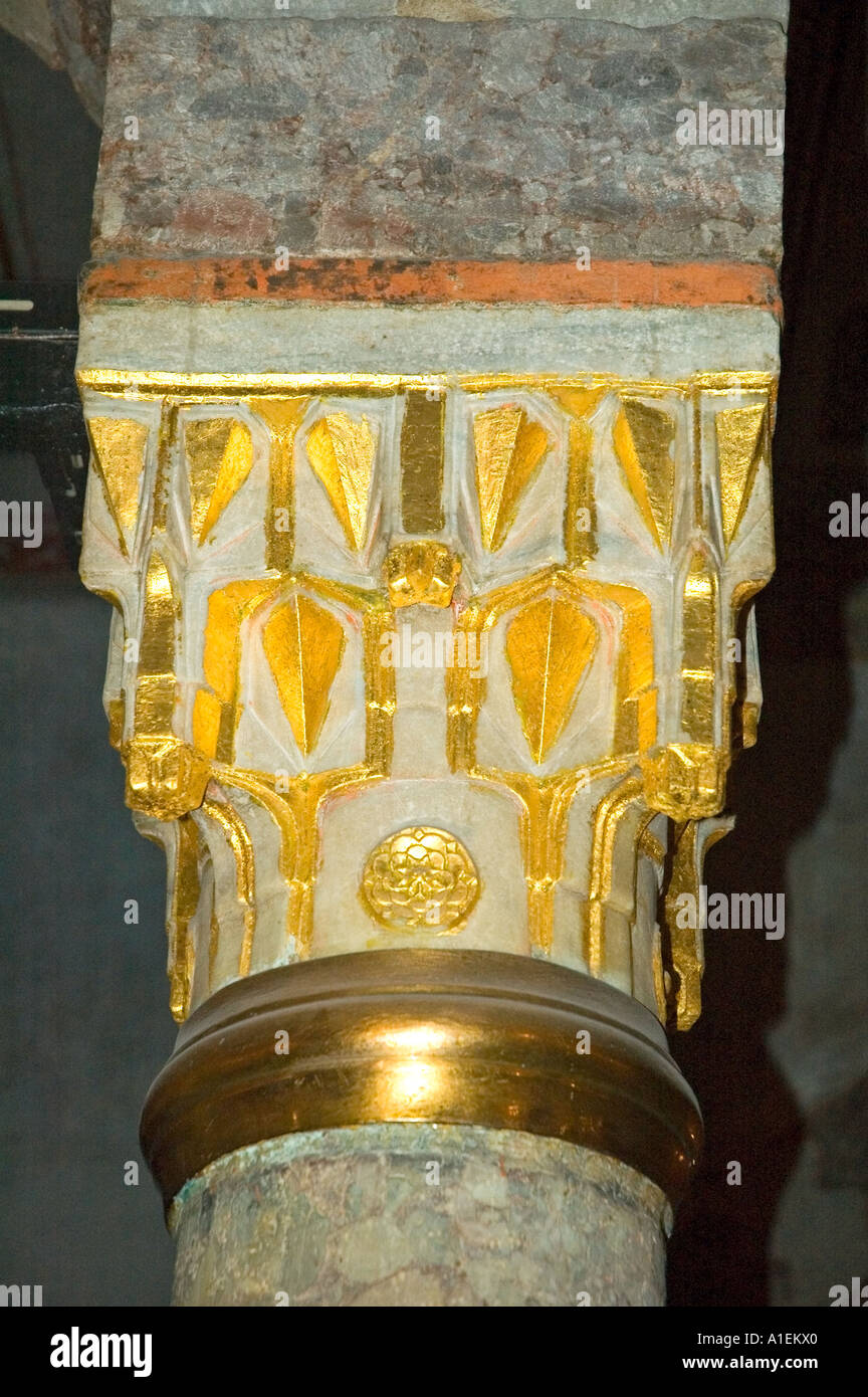 View looking up at a richly decorated column capital of the New Mosque ...