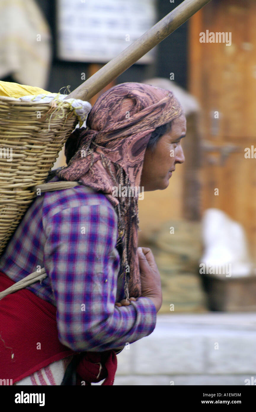 Old indian woman carrying heavy load of empty basket, Vashish, India ...