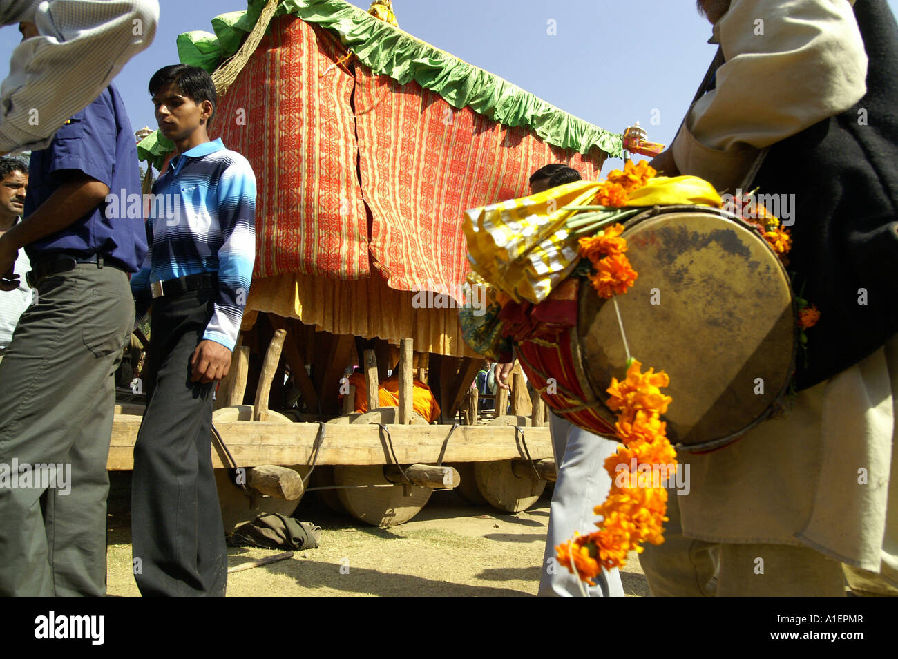 The ratha palanquin with Ragunathji deity and drummers at Dussehra fair ...