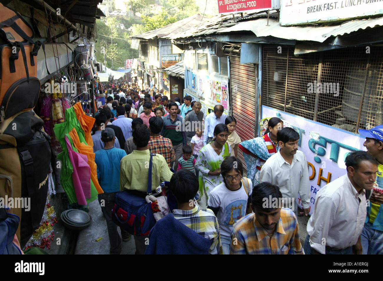 Crowds of indian men and women in street of Kullu, India Stock Photo ...