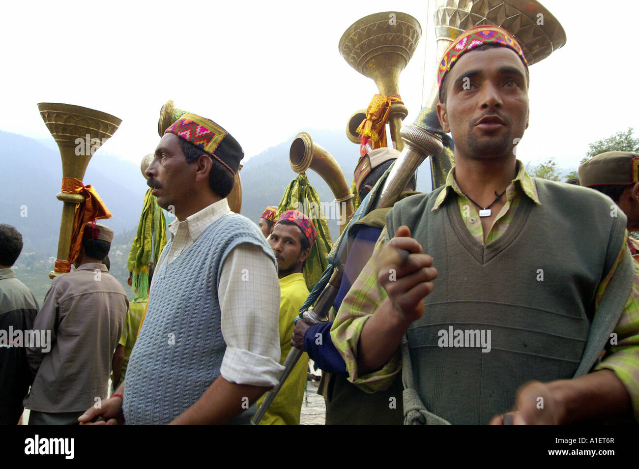 Trumpet blowers walking in procession at Dussehra fair festival in ...
