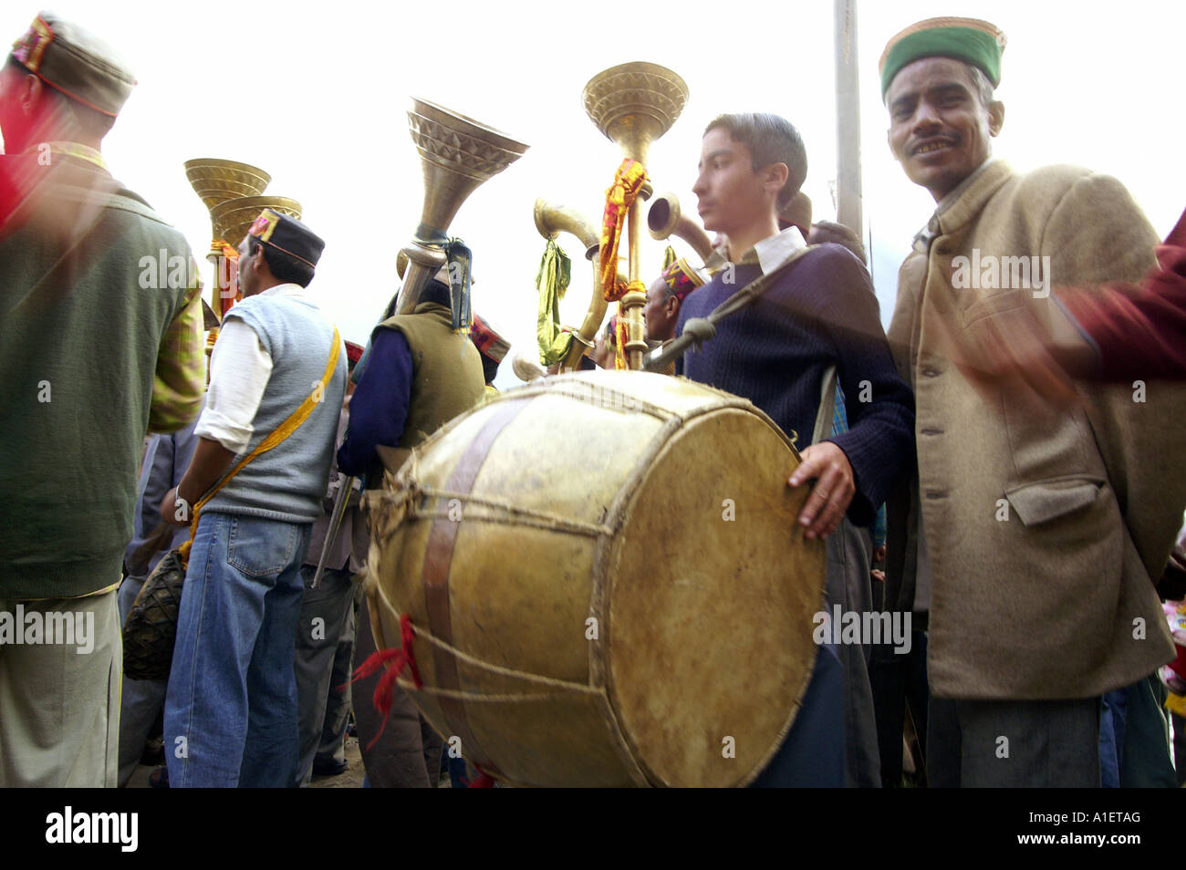 Trumpet blowers and drummers walking in procession at Dussehra fair ...