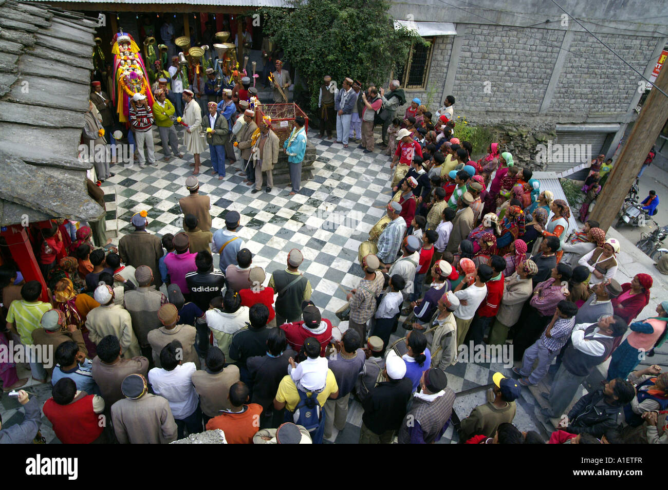 Crowd of priests and visitors celebrating Dussehra festival in temple ...
