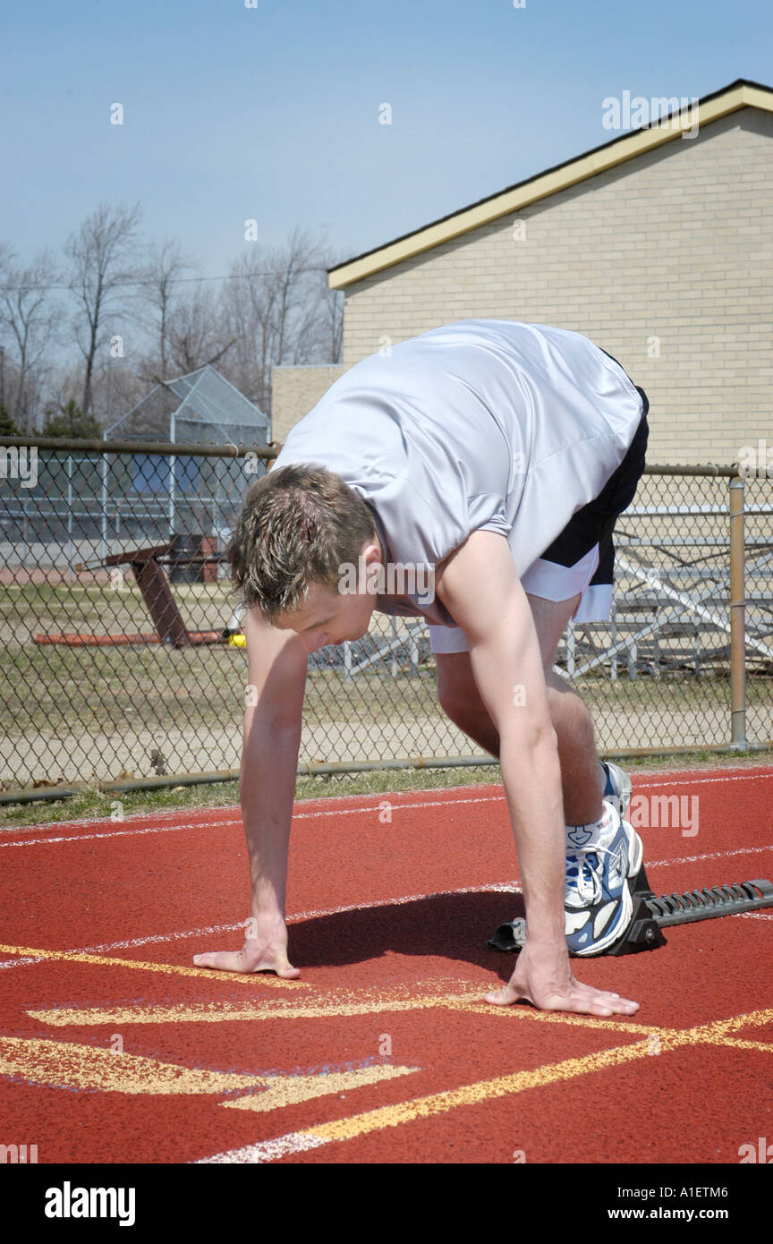 The starting line at the 100 meter dash at a track and field meet Stock ...