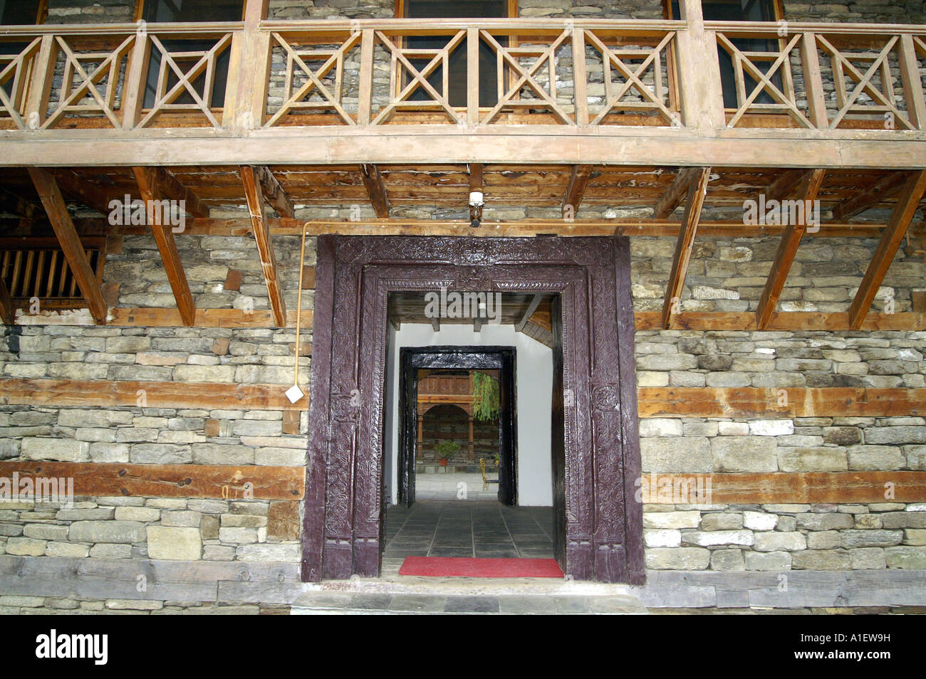 Entrance gate portal in castle in Nagar village, Kullu Valley, India ...
