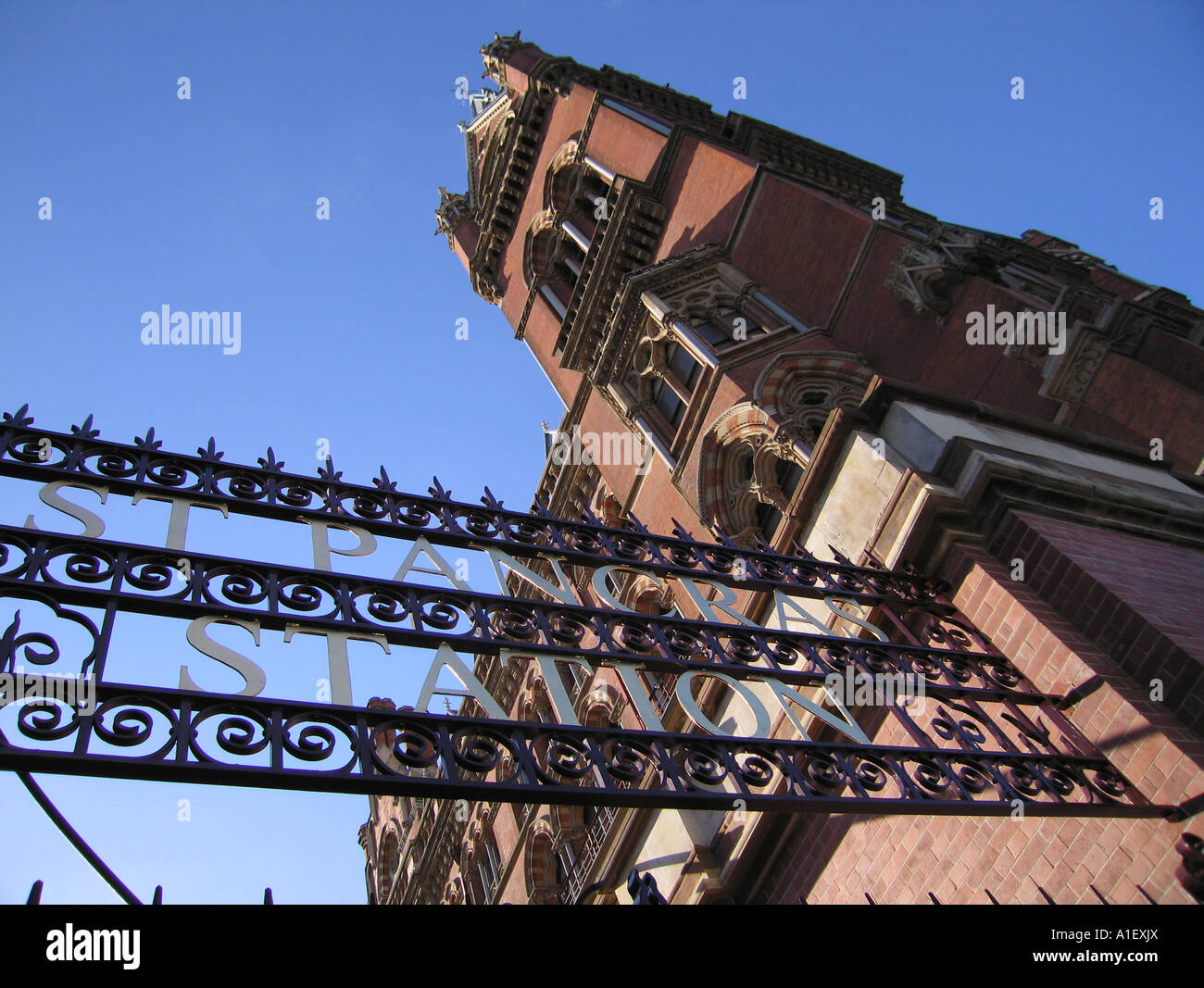 St Pancras train station tower with sign in foreground City of London ...