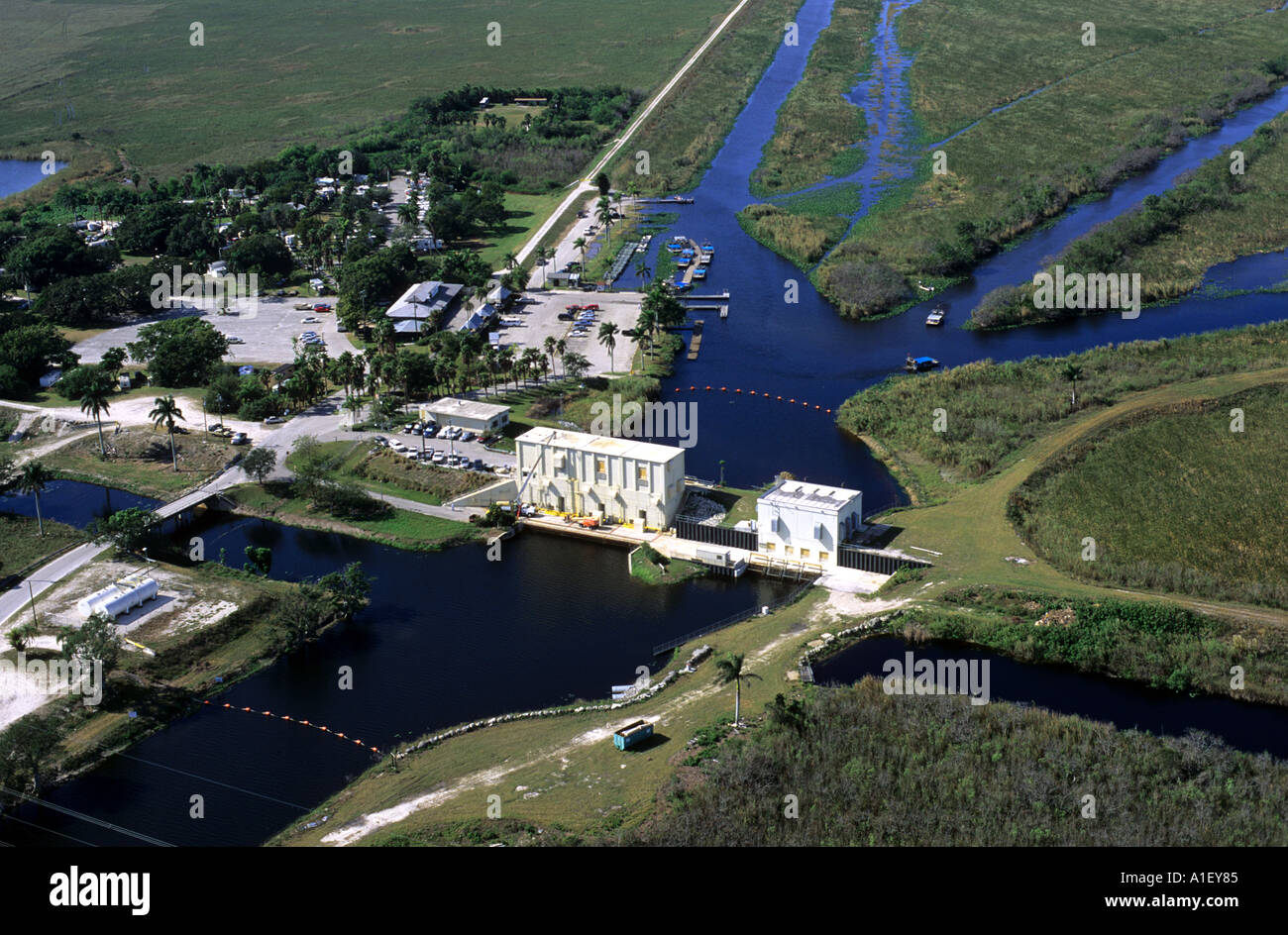 An aerial of flood control gates and valves in the Everglades near ...