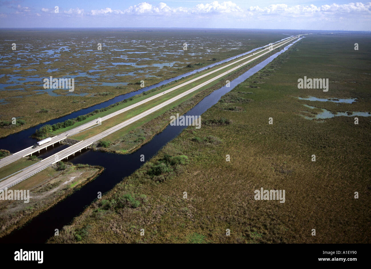 An aerial of Interstate 75 alligator alley in the Florida Everglades ...