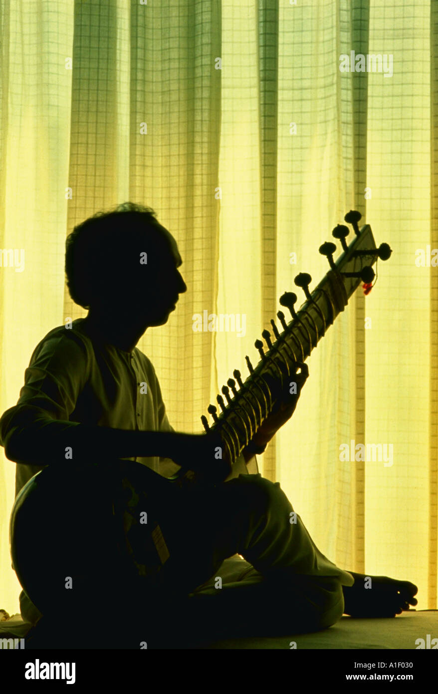 Silhouette of a musician playing string instrument Sitar Stock Photo ...