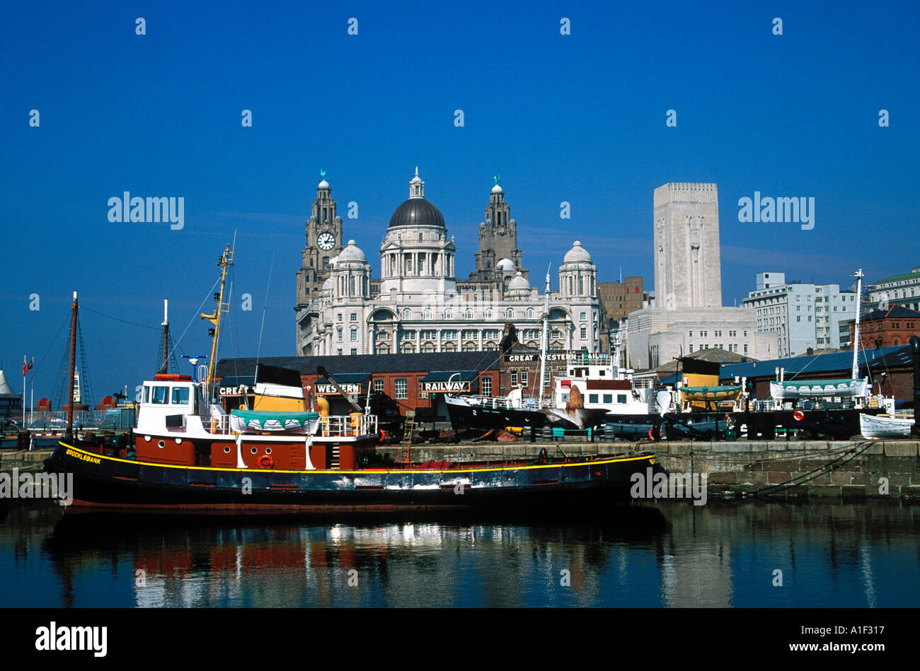 Preserved docks and vessels with Port of Liverpool and Liver Buildings ...
