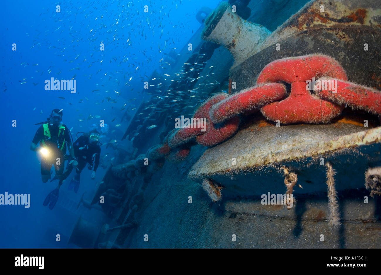 MALE AND FEMALE SCUBA DIVER FOLLOW THE ANCHOR CHAIN TO THE BOW OF THE ...
