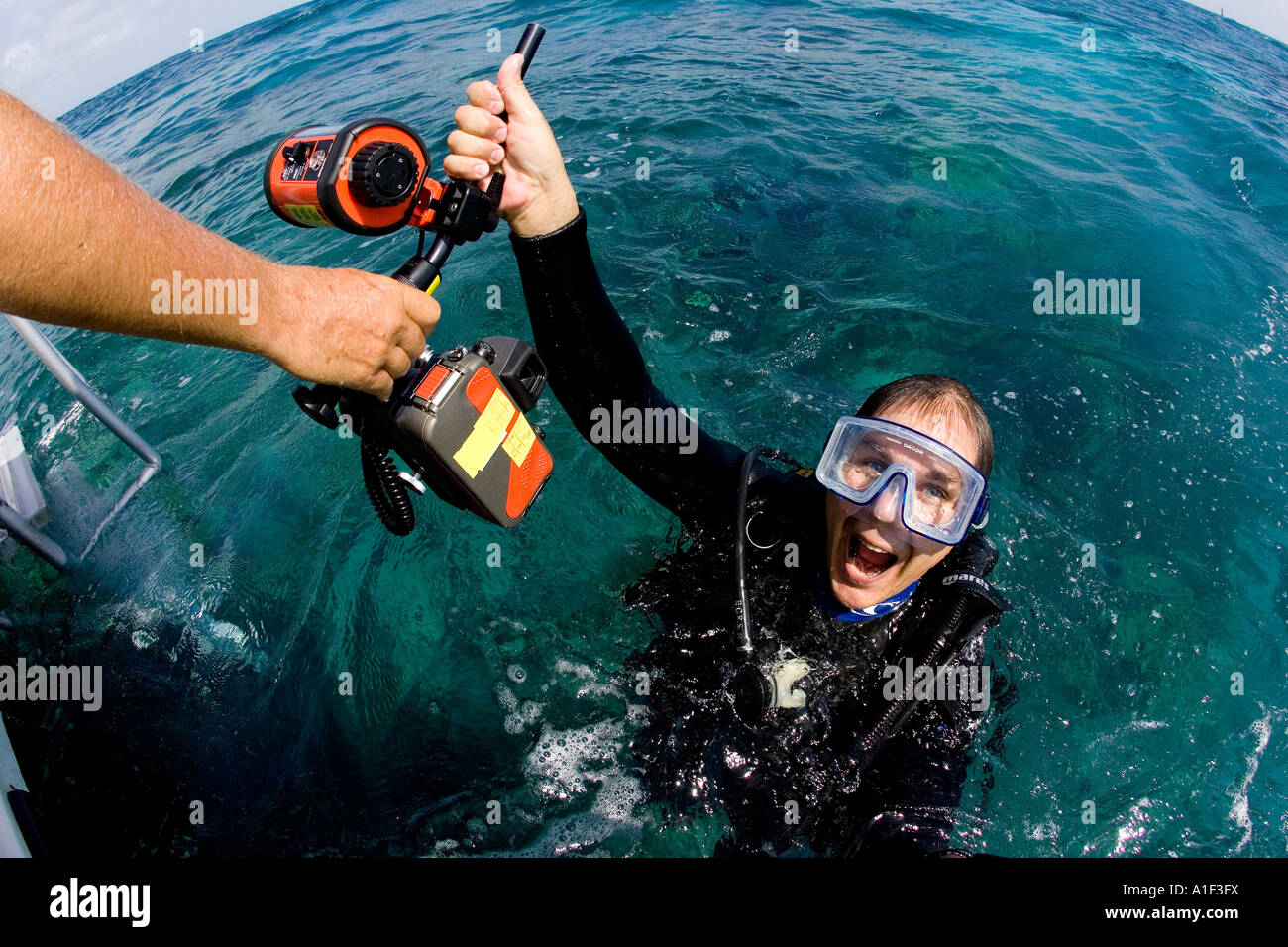 MALE SCUBA DIVER HANDING HIS UNDERWATER CAMERA TO CREW ON DIVE BOAT ...