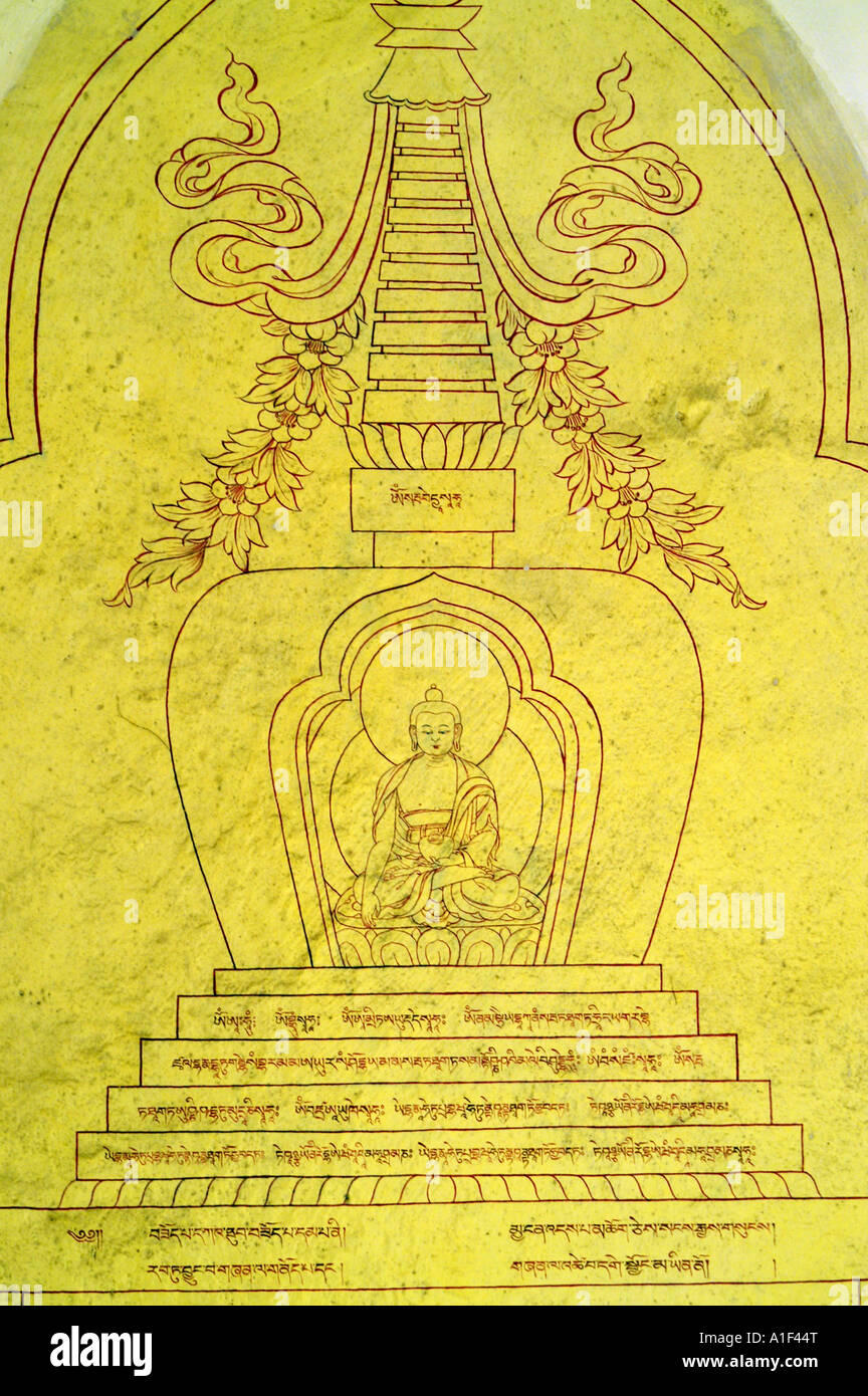 Fine art drawing carving of buddhist tibetan stupa with Buddha ...