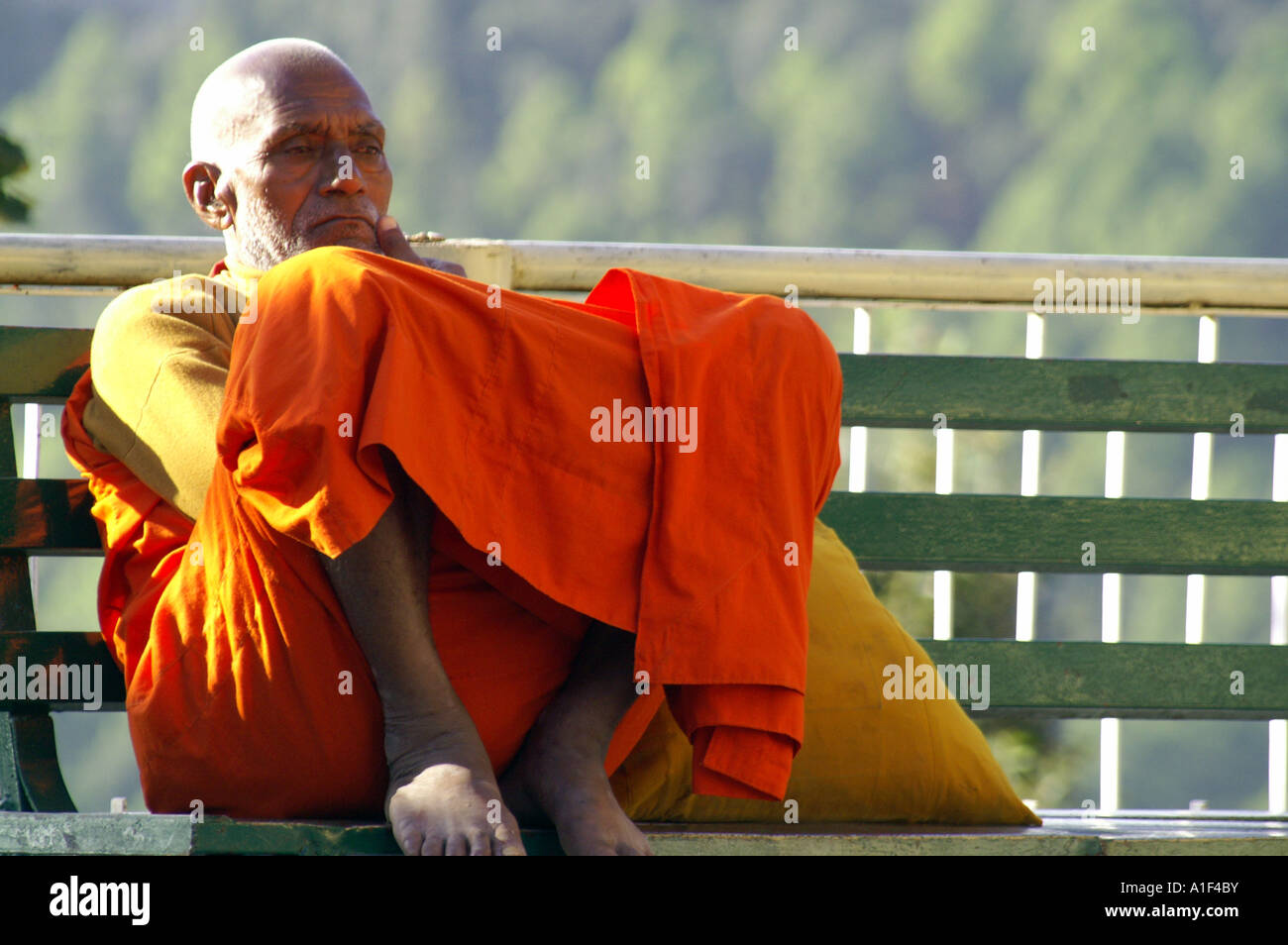 Orange holy sadhu man, indian yogi sitting on a bench Stock Photo - Alamy