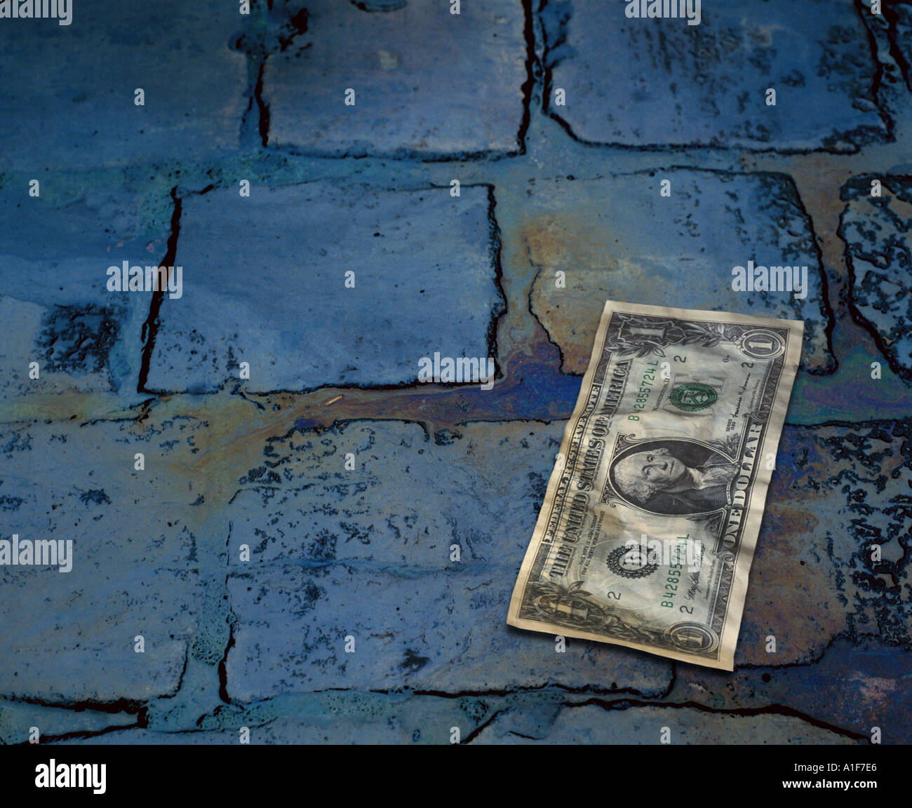 ONE DOLLAR BILL ON AN OIL STAINED COBBLED ROAD Stock Photo - Alamy