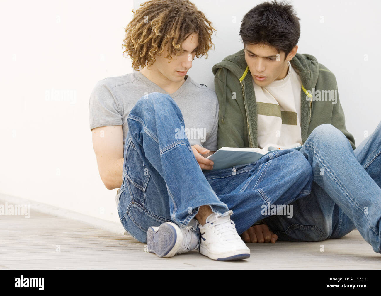 Two students sitting on ground studying together Stock Photo - Alamy