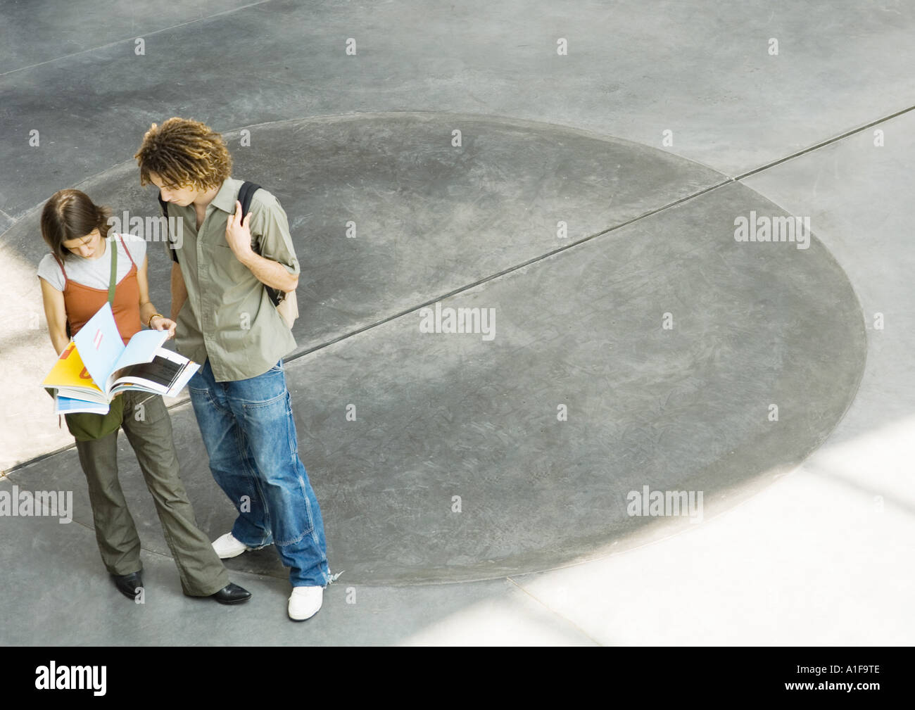 Two students standing in lobby looking at notebook together Stock Photo ...