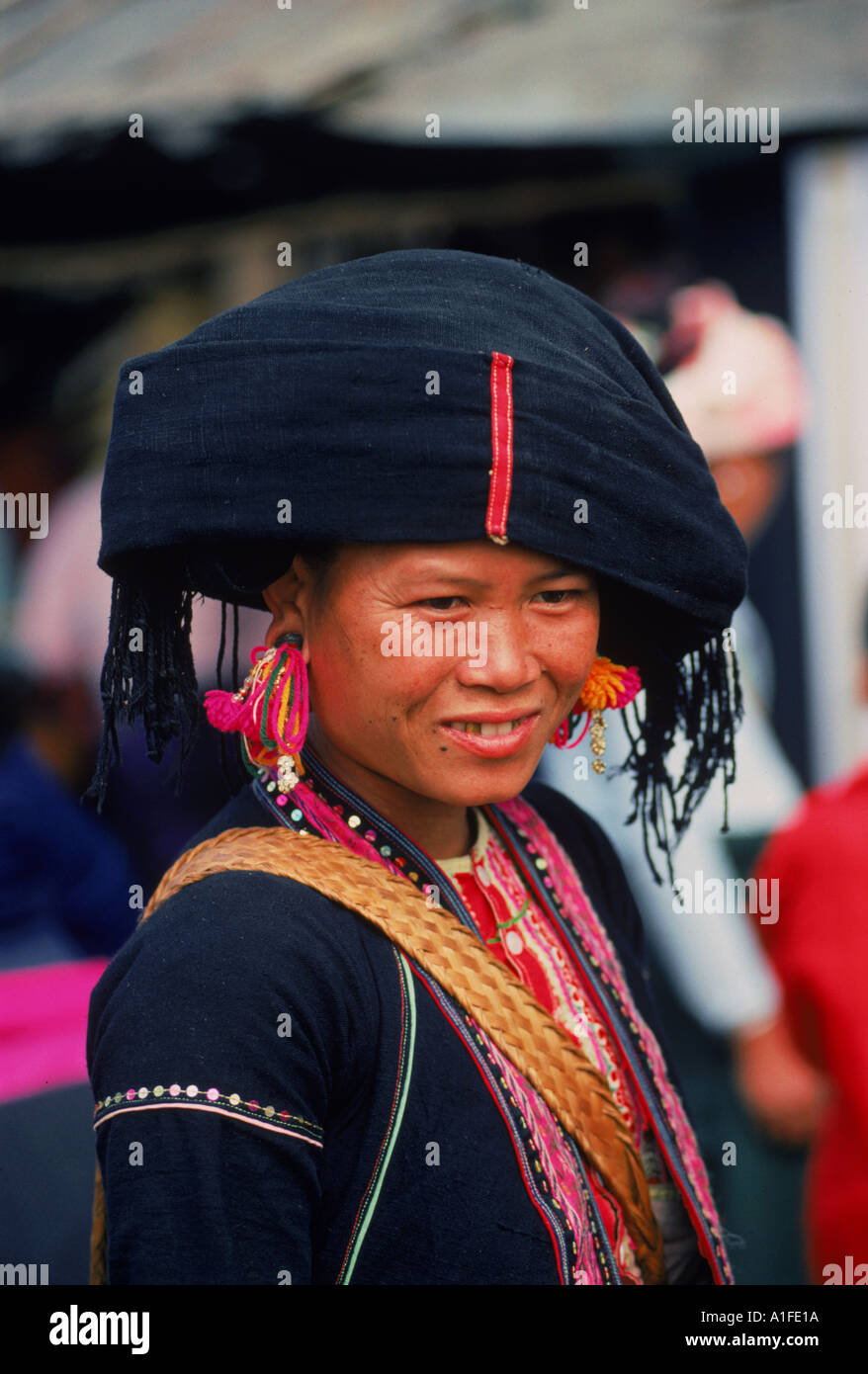 Portrait of a Blang woman in traditional dress at Menghai Yunnan ...