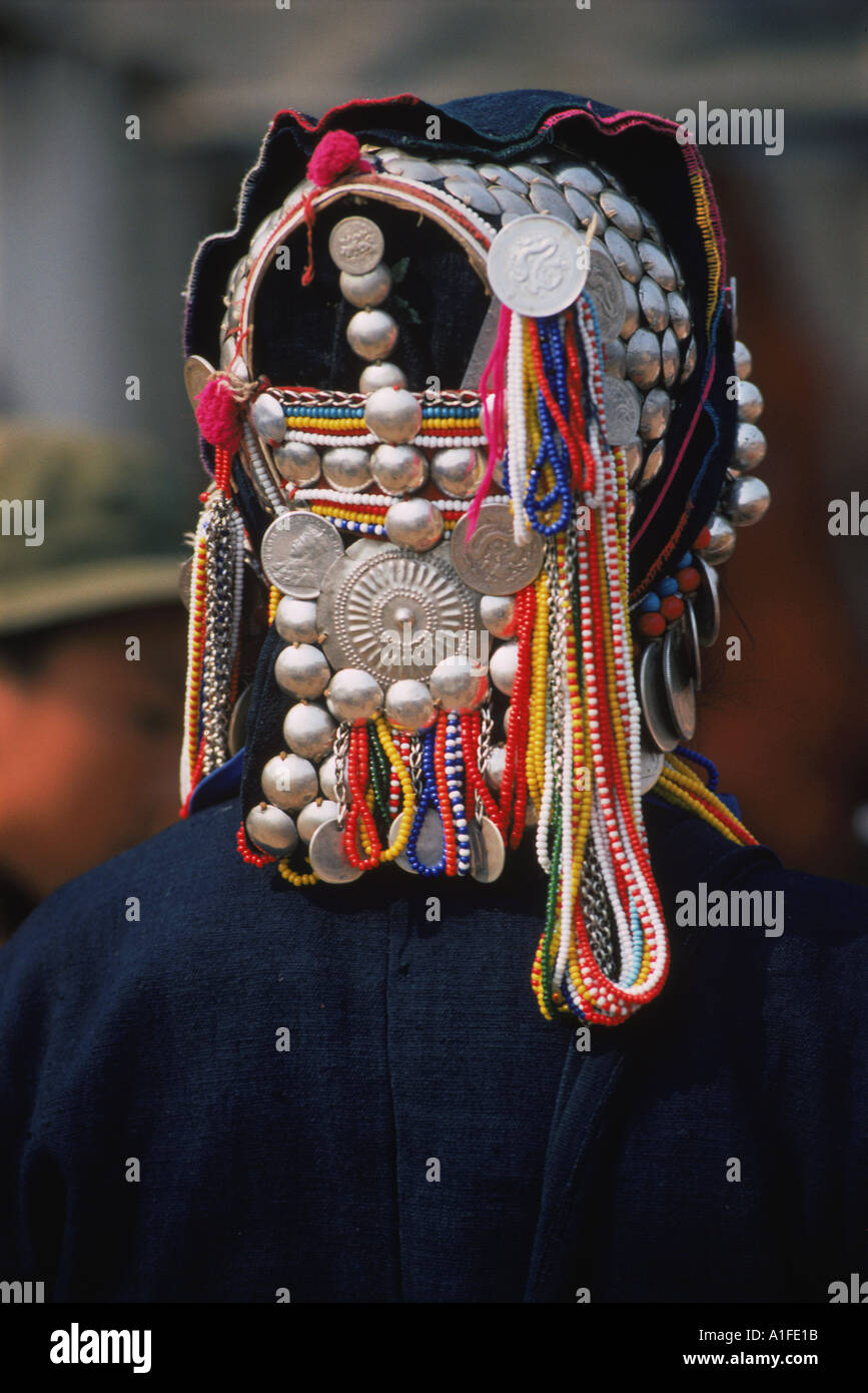 Close up of silver and beads on an Aini Hani Hat at Menghai Yunnan ...