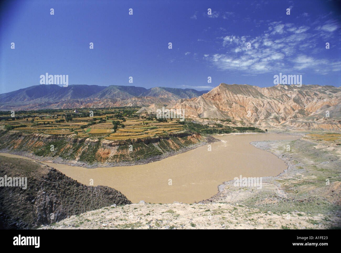 Landscape of the Yellow River farm land and hills in Qinghai China G ...