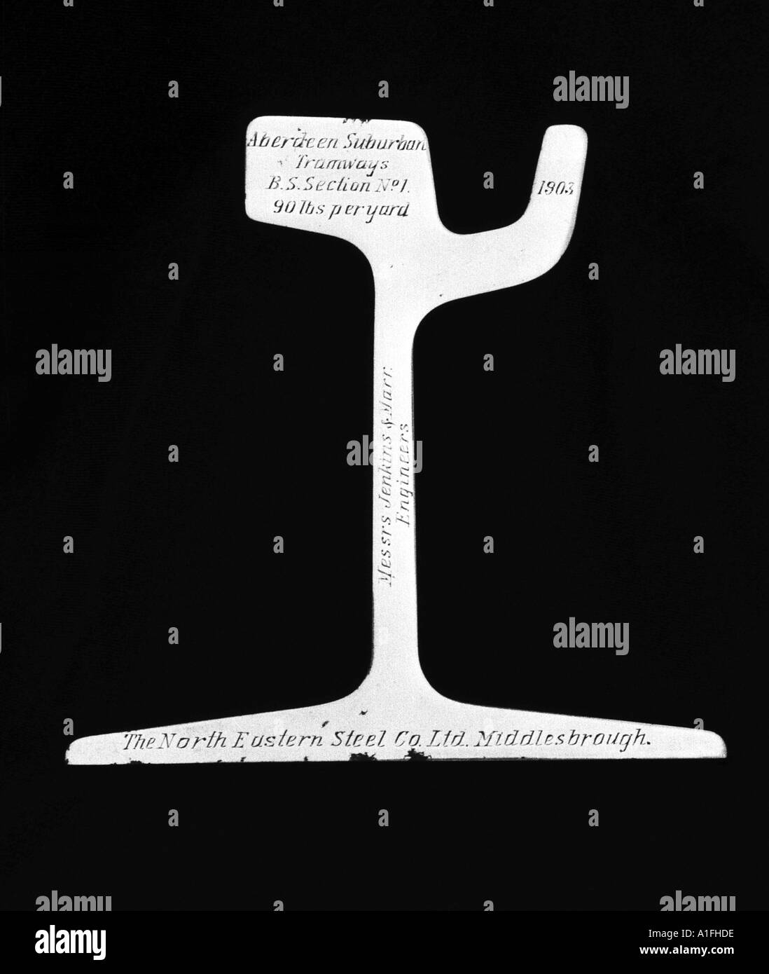 Close up of polished section of tram rail used in Aberdeen in 1903 ...