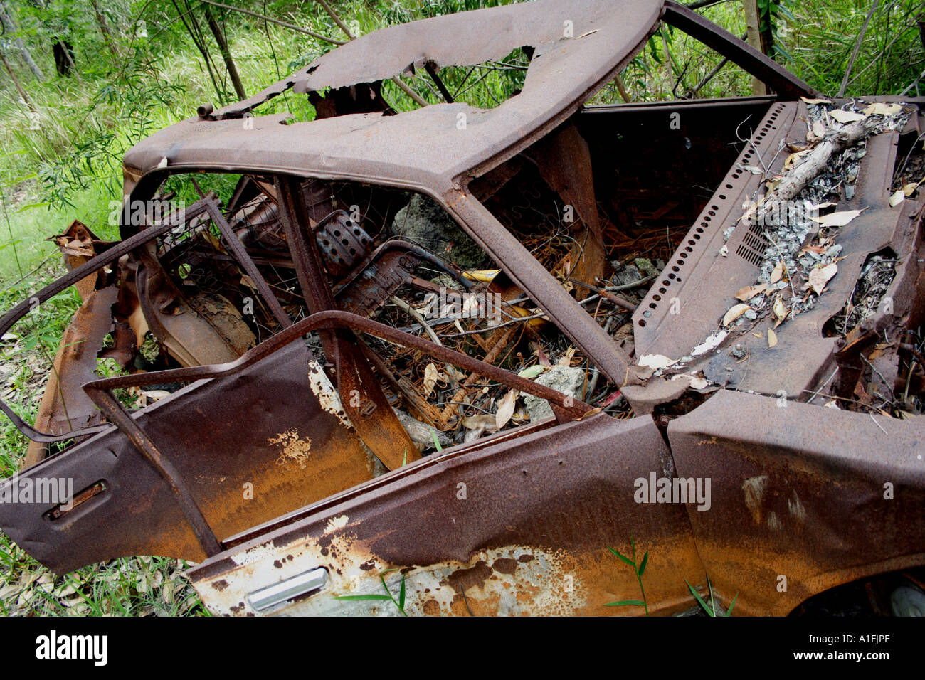 SMASHED RUSTY CAR DUMPED IN BUSH Stock Photo - Alamy