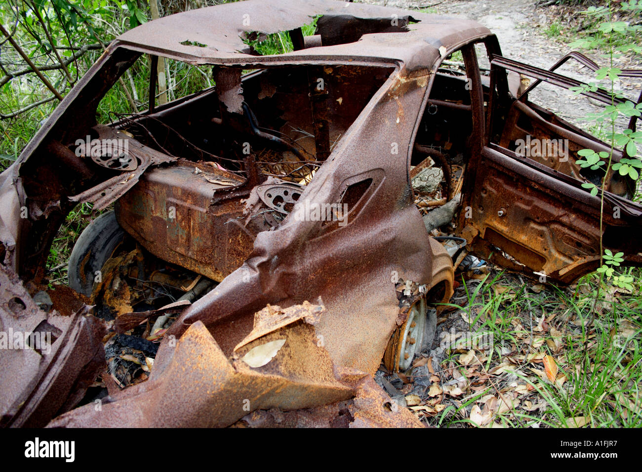 SMASHED RUSTY CAR DUMPED IN BUSH Stock Photo - Alamy