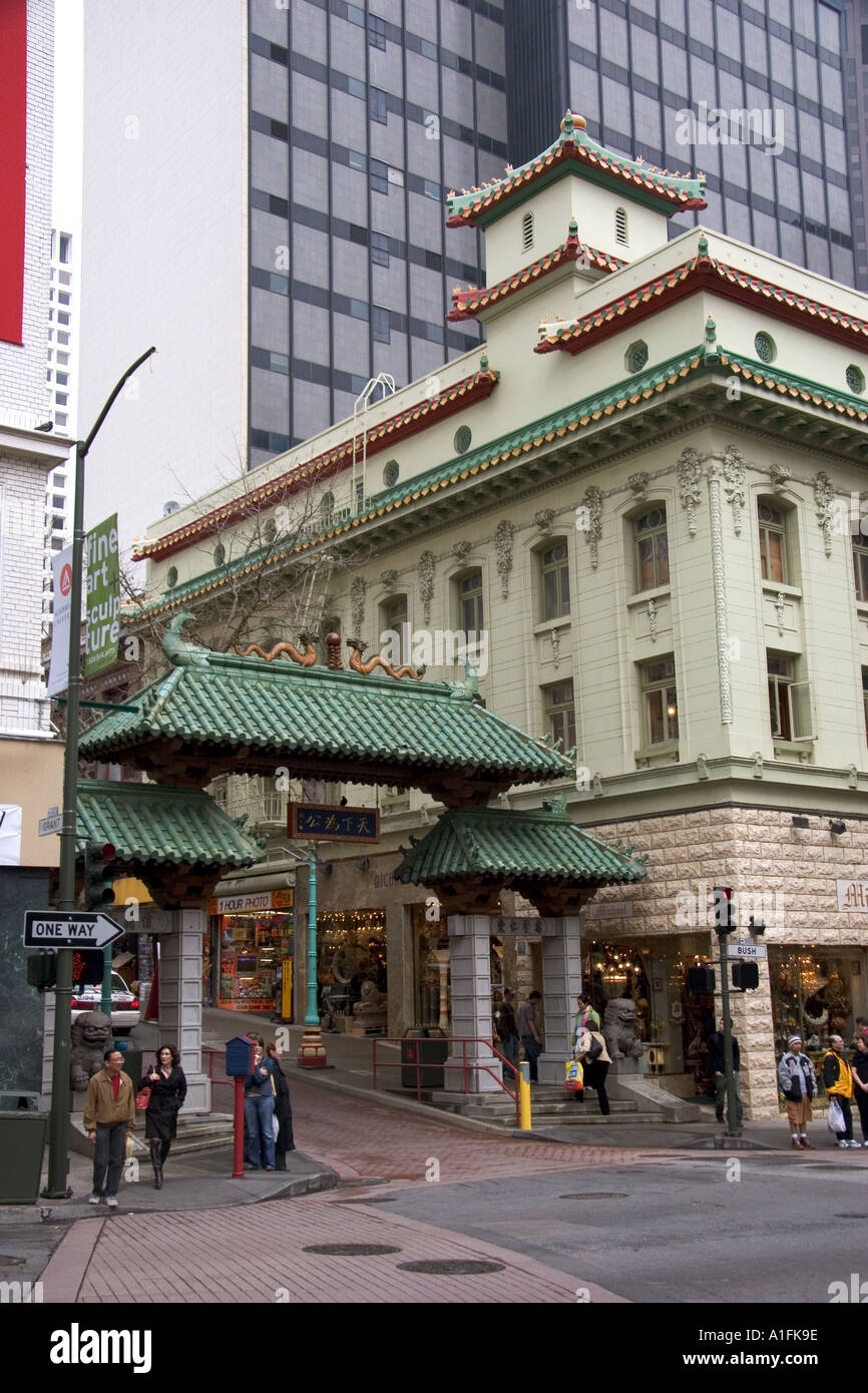 Entrance to Chinatown with modern office building in background at San ...