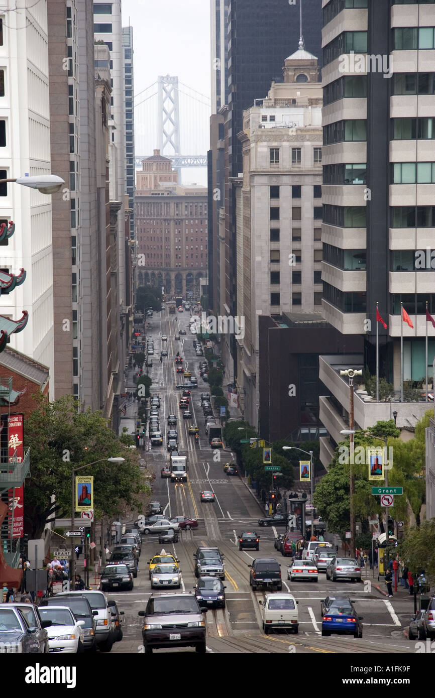 California Street scene with traffic in San Francisco California Tower ...
