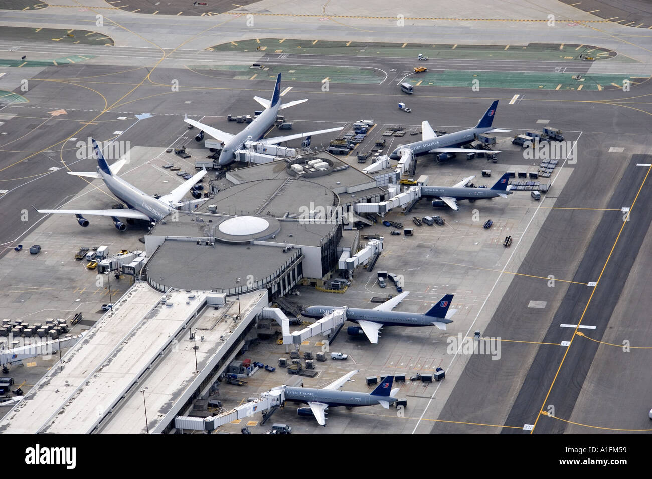 Aerial image of airplanes and runways at LAX airport Los Angeles ...
