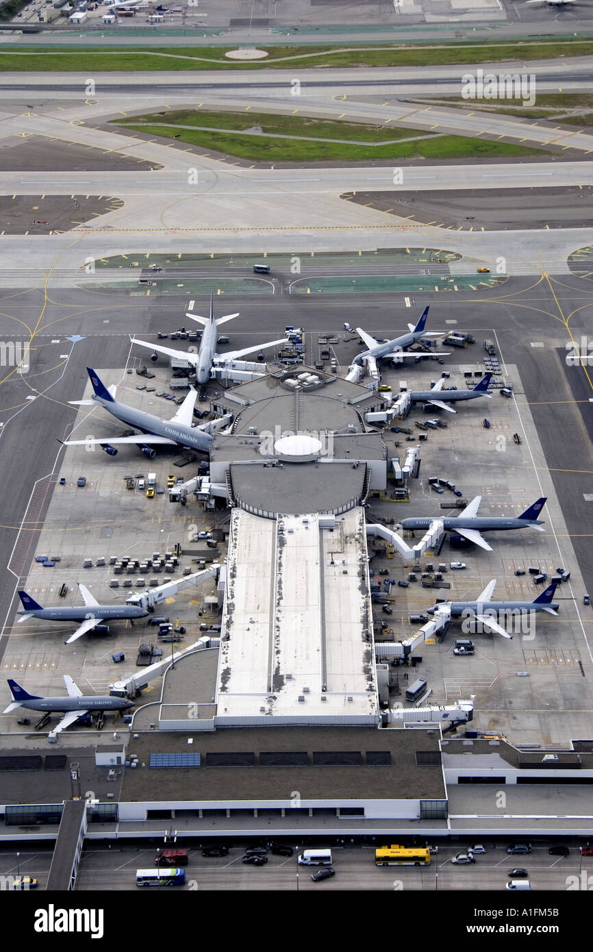 Aerial image of airplanes and runways at LAX airport Los Angeles ...