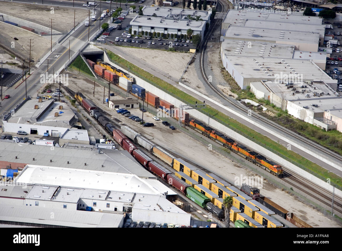 Aerial view of a train coming out of the Long Beach Corridor Los ...