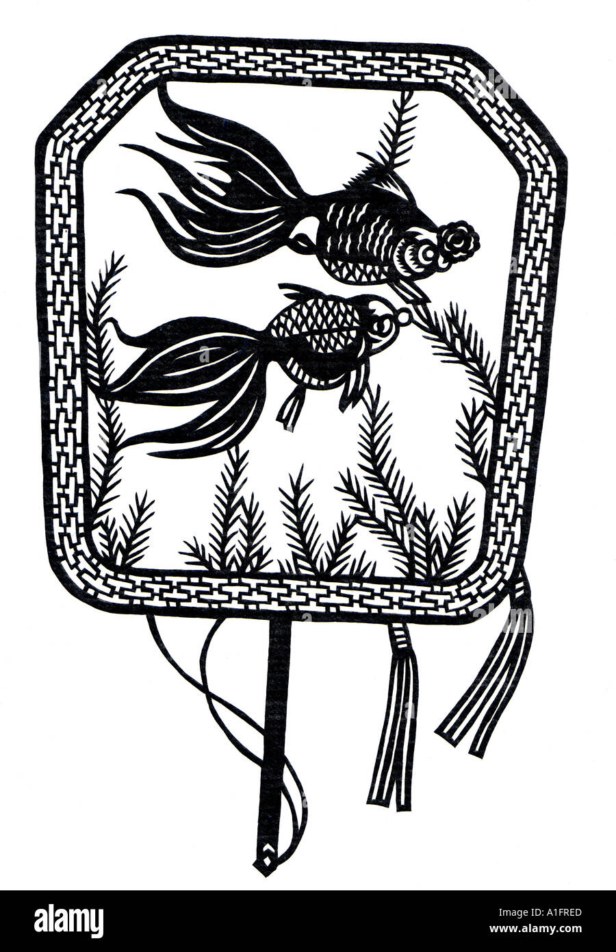 Black and white paper cut out fan with gold fish carp motif Stock Photo ...