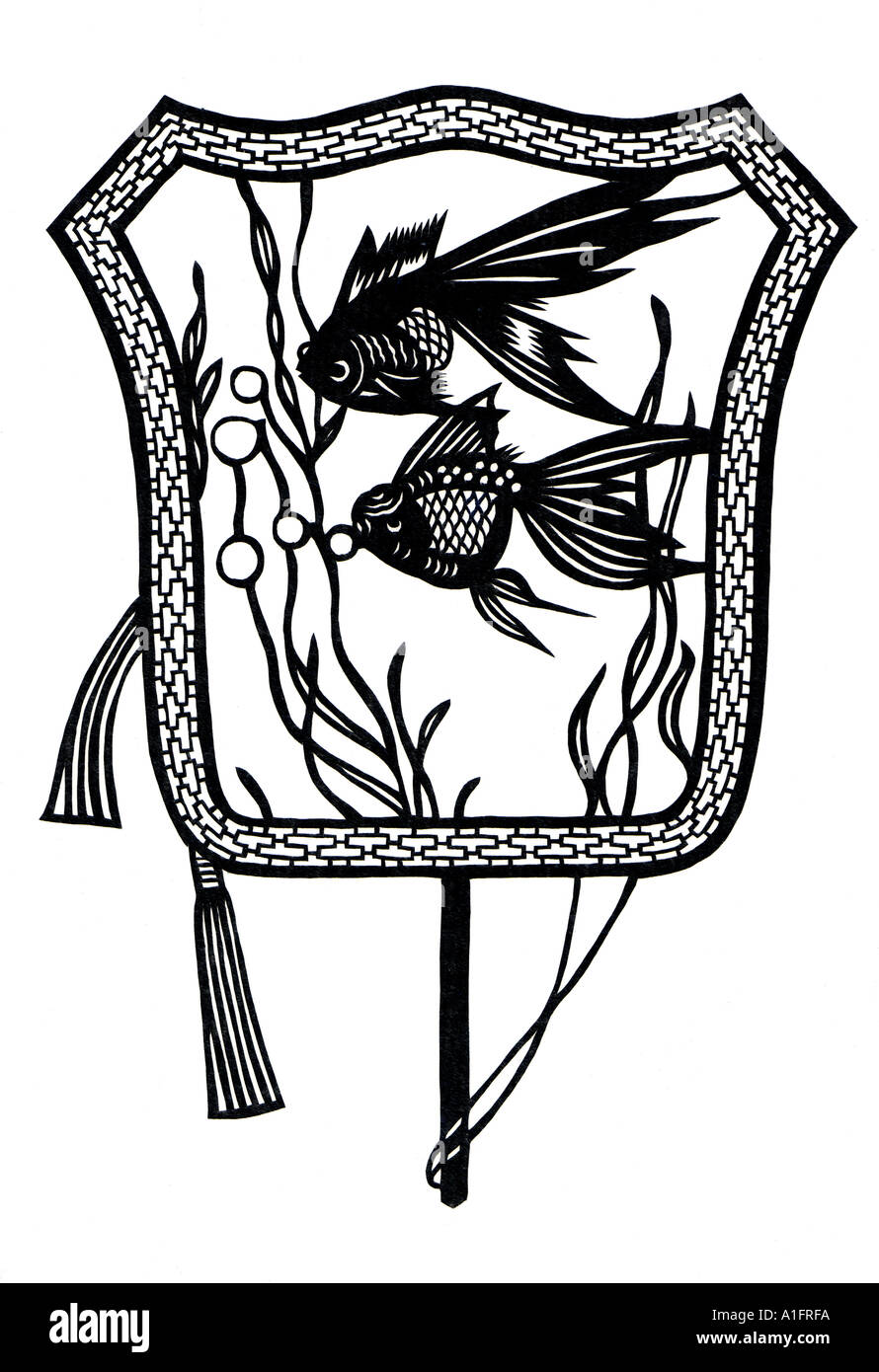 Black and white paper cut out fan with gold fish carp motif Stock Photo ...