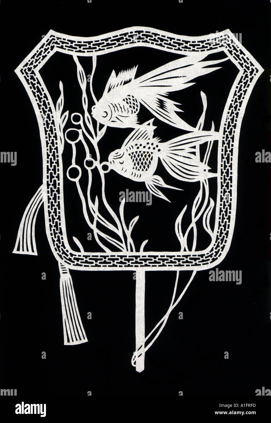 Black and white paper cut out fan with gold fish carp motif Stock Photo ...