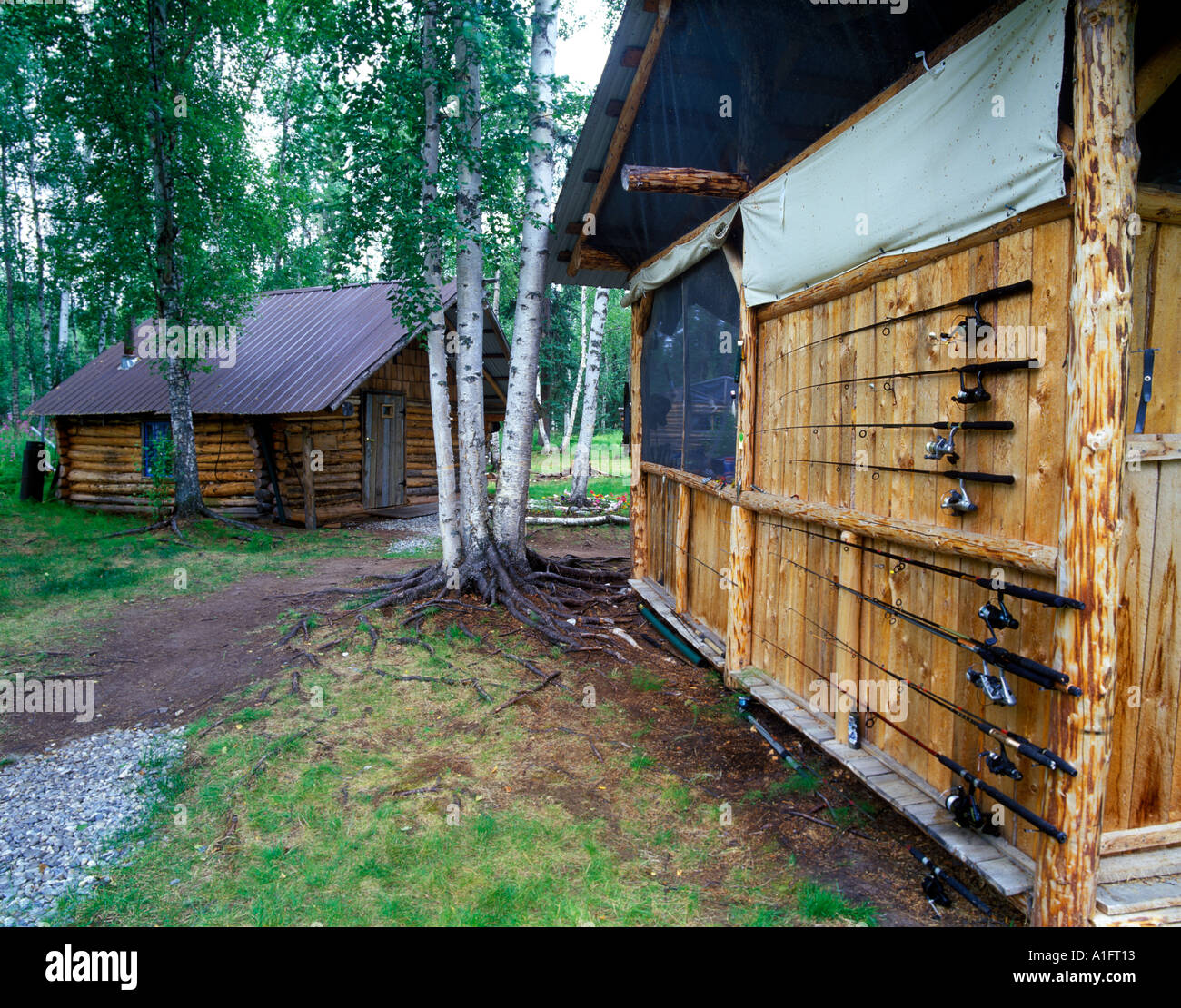 Cabin with rods at Lake George Alaska Stock Photo - Alamy
