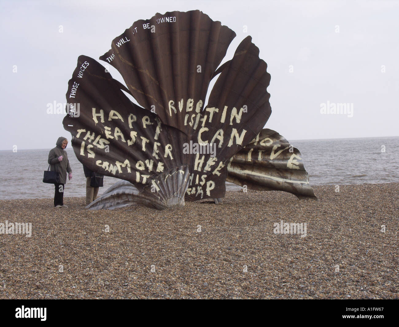 Graffiti painted on Maggi Hambling scallop sculpture Aldeburgh Suffolk ...