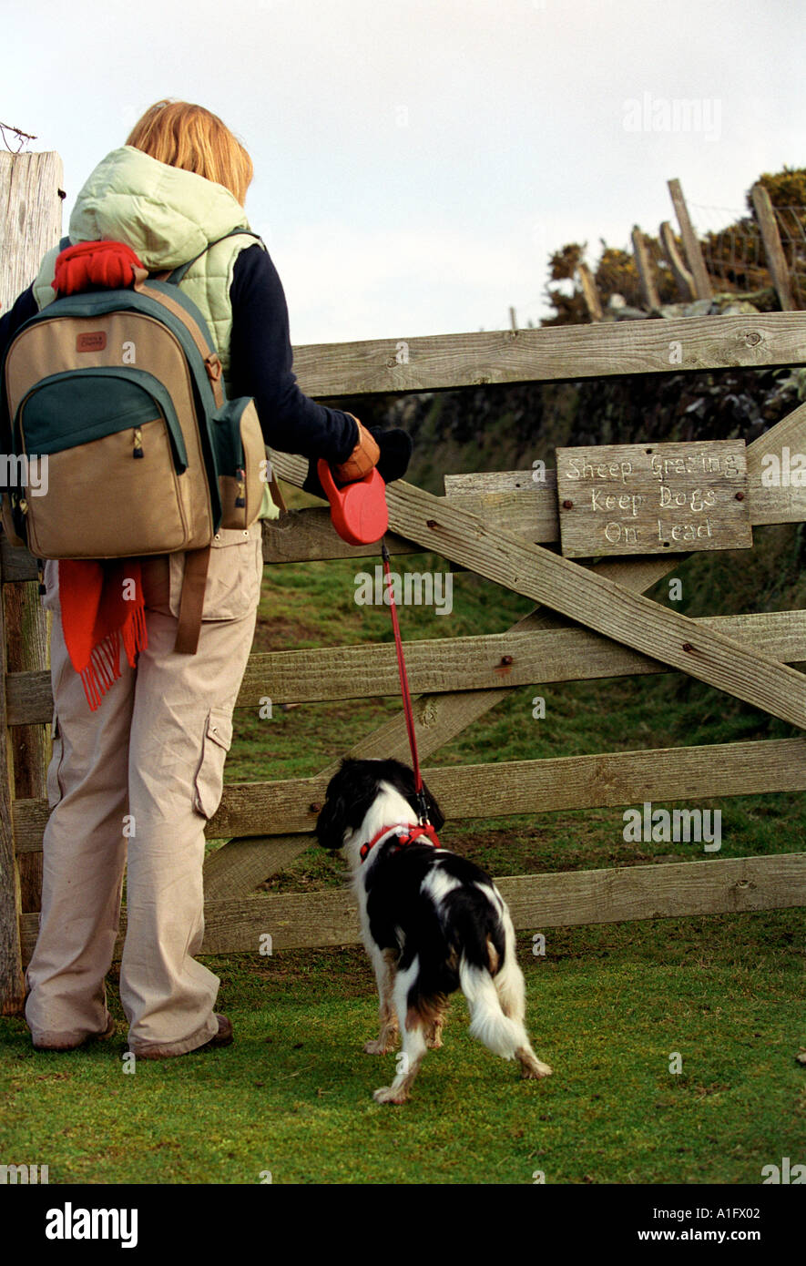 A walker and dog by a farm gate and sign Stock Photo - Alamy