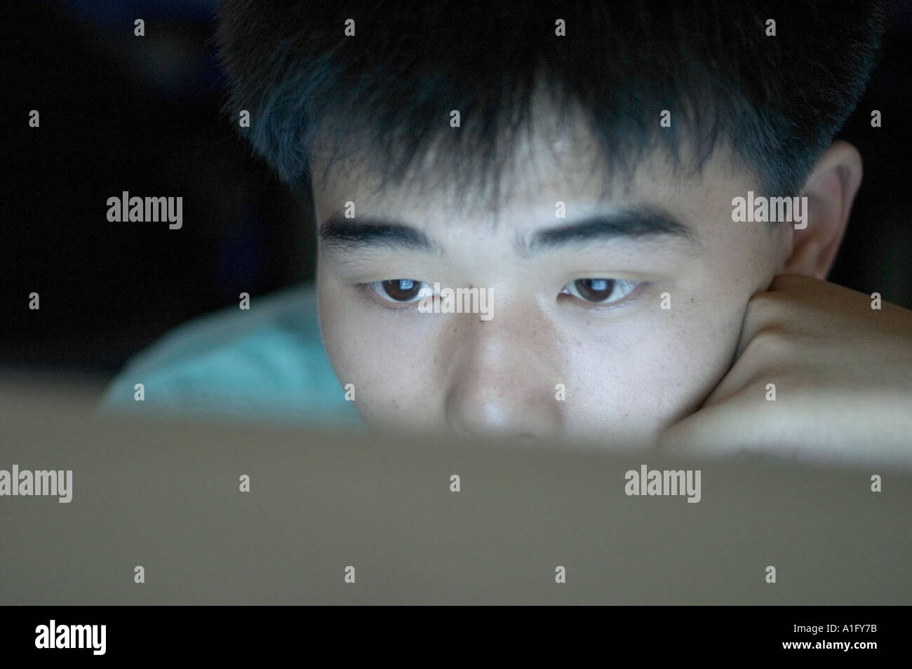 man looking intensely at computer screen in internet cafe shanghai ...