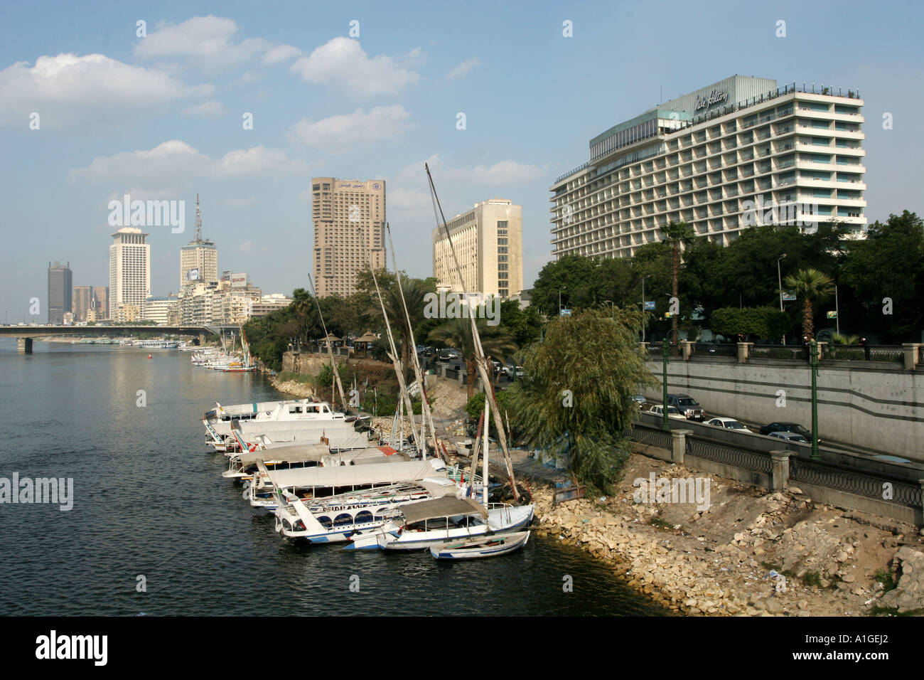 Nile views of central Cairo looking east towards downtown Nile Hilton ...