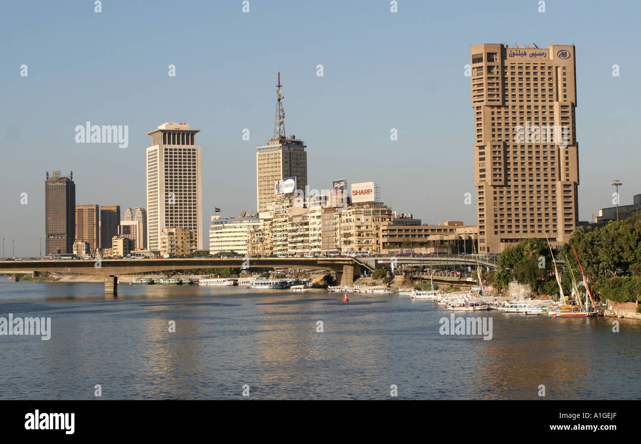 Nile views of central Cairo looking east towards downtown Stock Photo ...