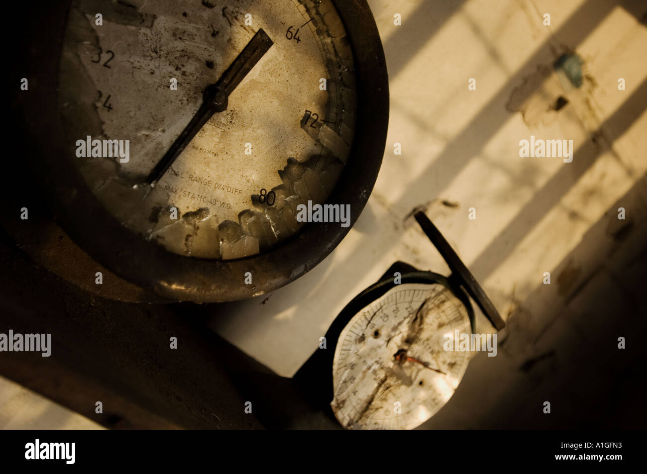 Old industrial gauges and tools smashed and broken in an abandoned ...