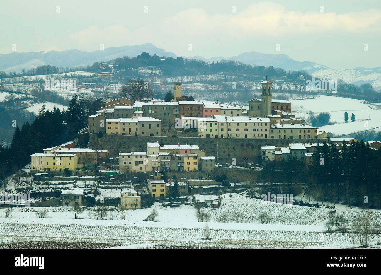 Snow covered Monterchi Italy Stock Photo - Alamy