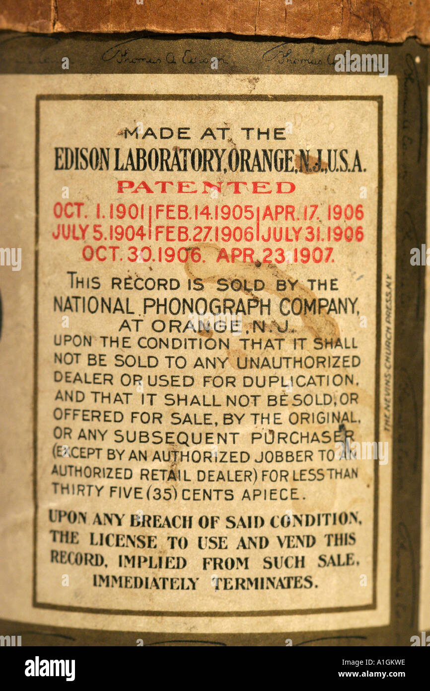 Thomas Edison patent label 1901 for carbon cylinder record Stock Photo ...